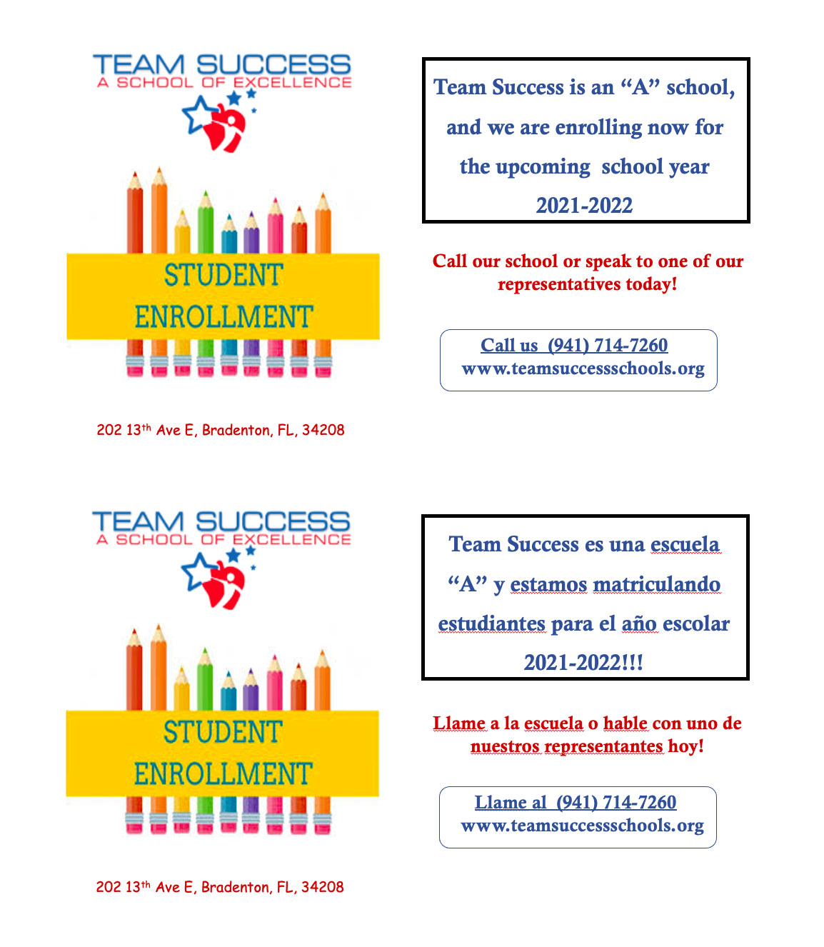 Enroll Now for the 2021-2022 school year at Team Success - TSS